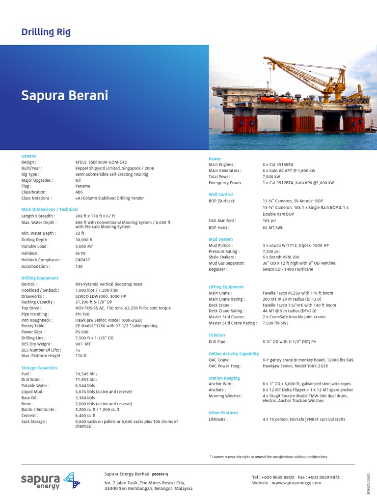 Sapura Berani Rig Specifications | PDF | Crane (Machine) | Manufactured ...