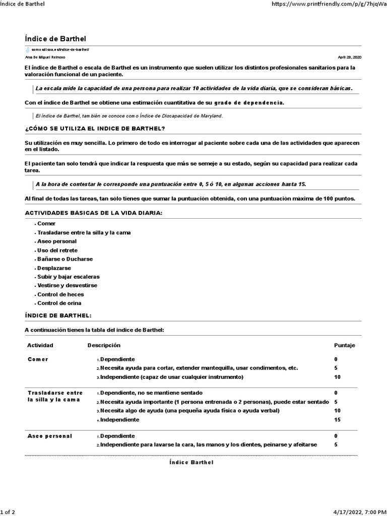 Interpretación del Índice de Barthel | PDF