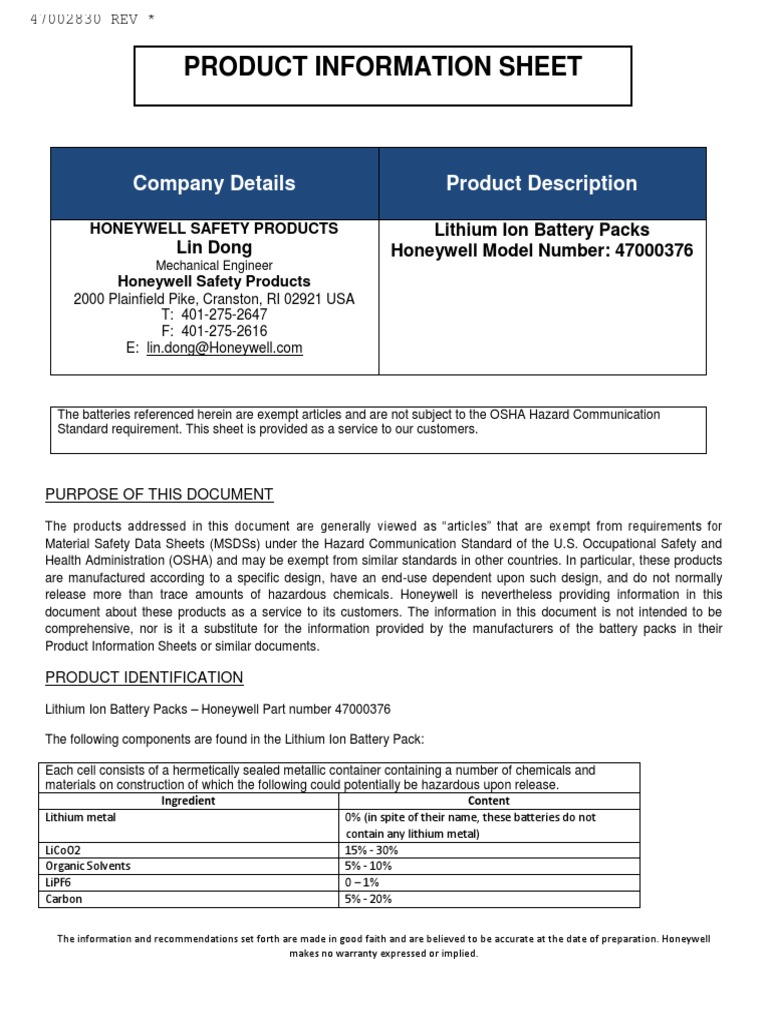 Respiratory Data Sheet CA201 Lithium Battery | PDF | Dangerous Goods | Water