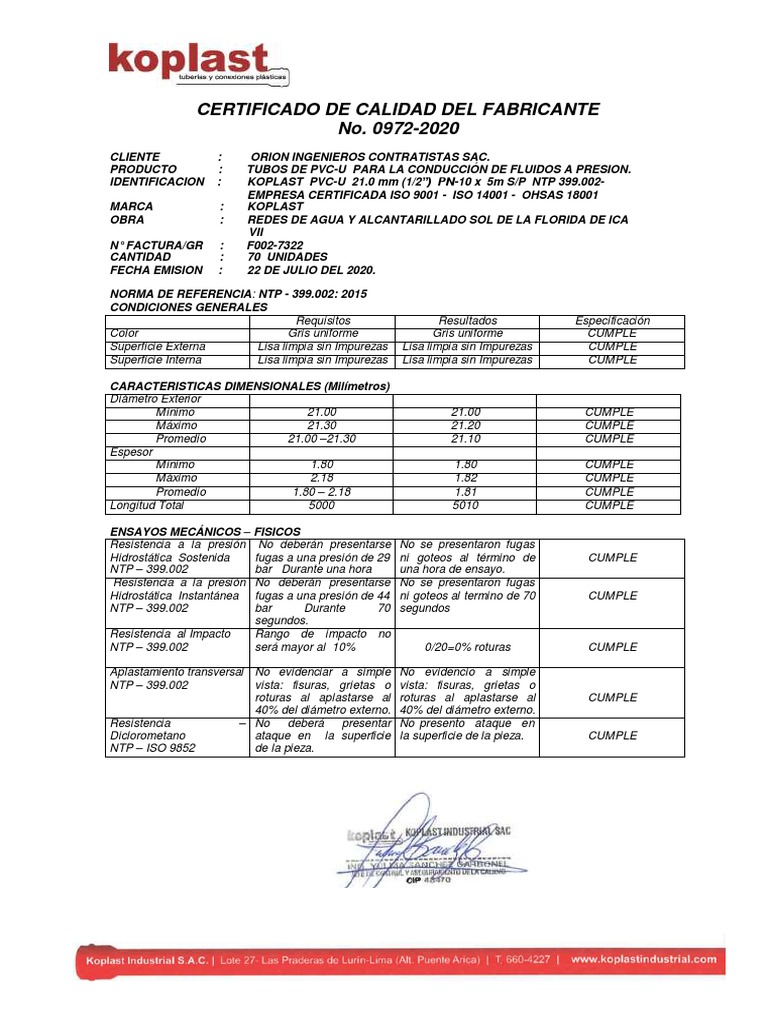 N° 972-2020 CERTIFICADO DE CALIDAD PVC 21mm (1-2) PN-10 AGUA NTP 399 ... N° 972-2020 CERTIFICADO DE CALIDAD PVC 21mm (1-2) PN-10 AGUA NTP 399 ...