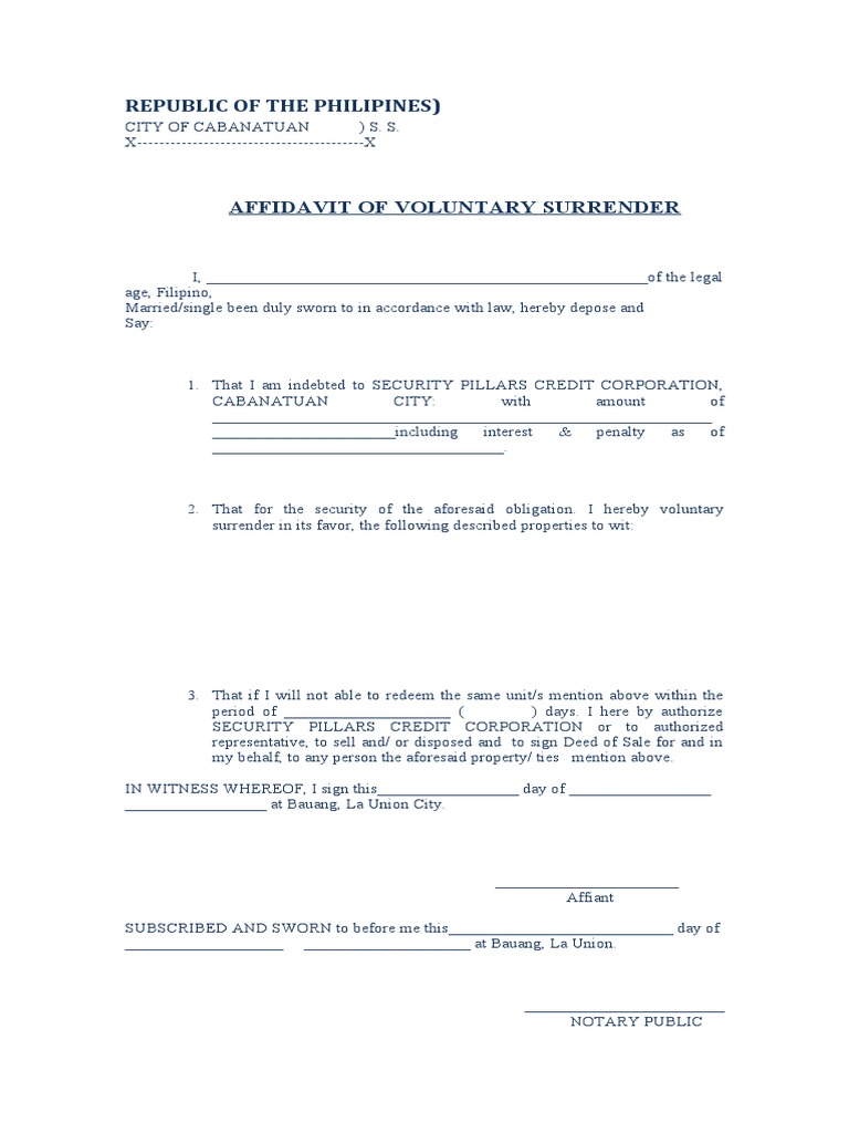 Affidavit of Voluntary Surrender 4 Copies | PDF