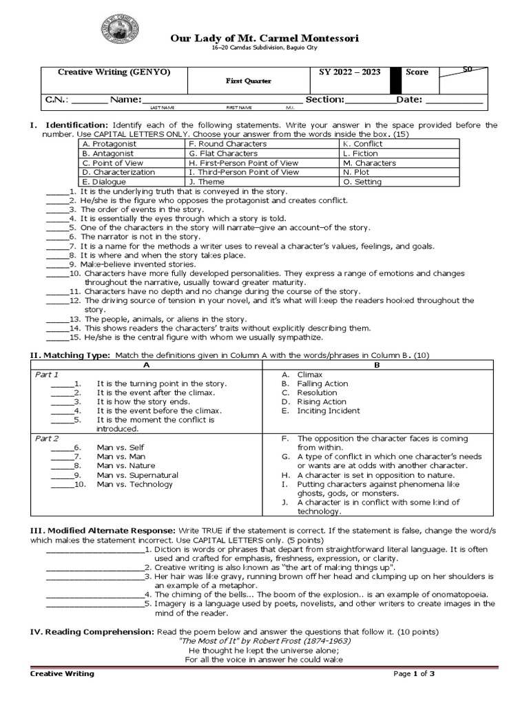 Creative Writing First Quarter Exam | PDF | Narration