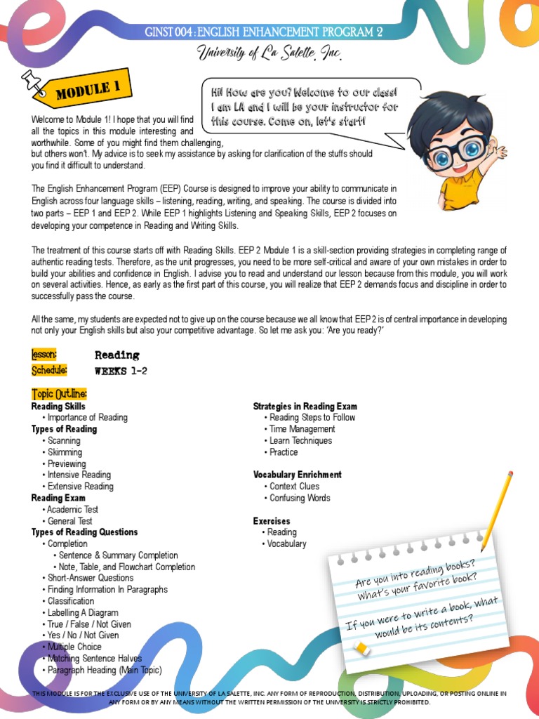 EEP 2 Module 1: Reading Skills Overview | PDF | Reading Comprehension ...