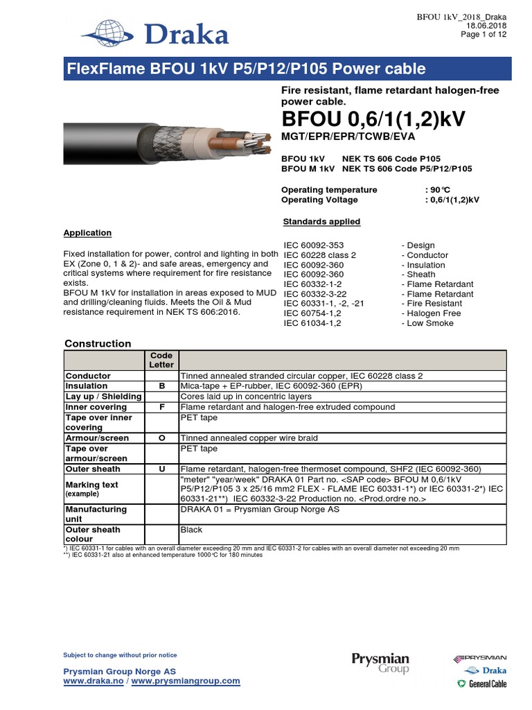 Bfou 0,6/1 (1,2) KV: Flexflame Bfou 1Kv P5/P12/P105 Power Cable | PDF ...