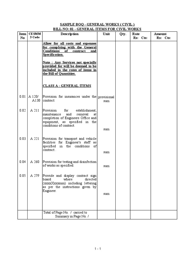 Bill No. 01 - General Works (Civil) | PDF | Safety