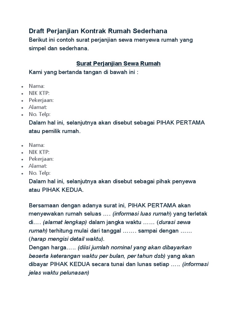 Draft Perjanjian Kontrak Rumah Sederhana | PDF