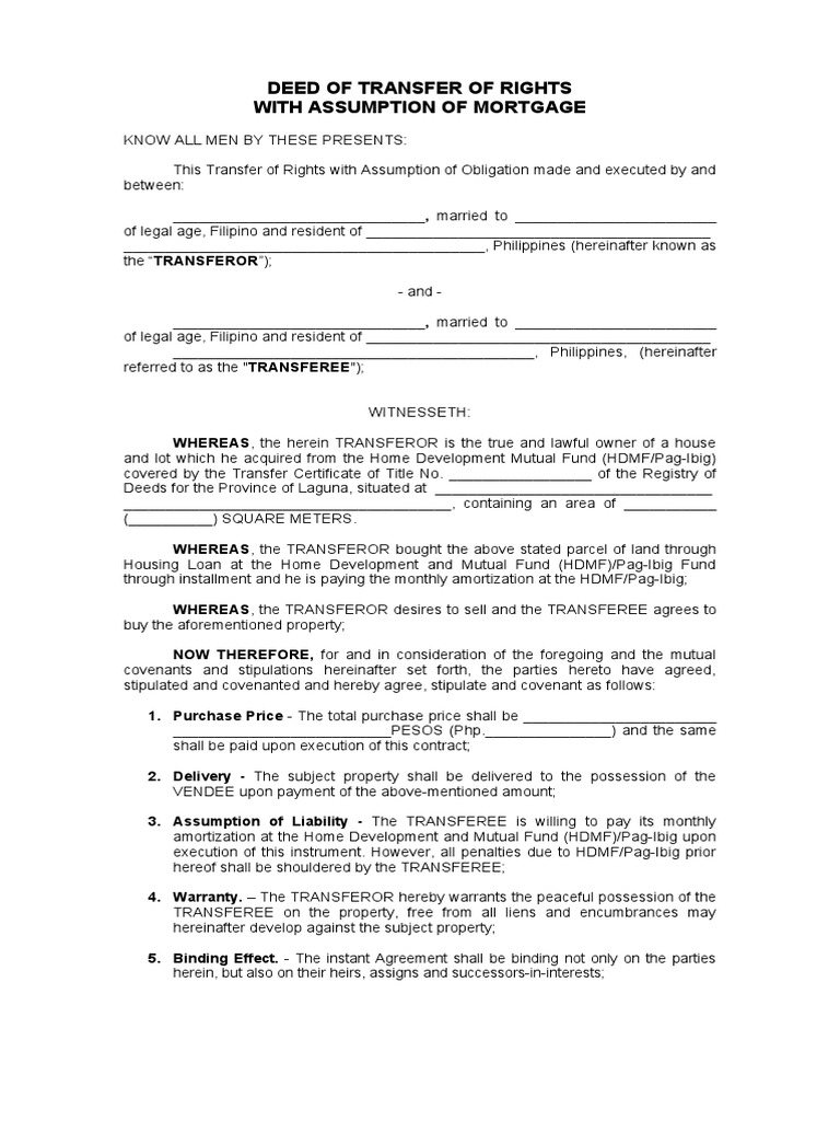 DEED OF TRANSFER OF RIGHTS WITH Assumption of Obligation Pag Ibig | PDF ...