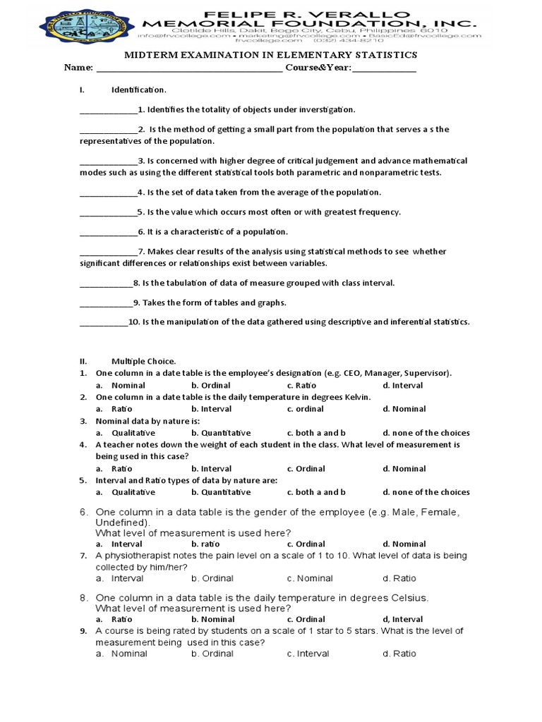 SAMPLE Examination in ELEMENTARY STAT | PDF | Level Of Measurement ... SAMPLE Examination in ELEMENTARY STAT | PDF | Level Of Measurement ...