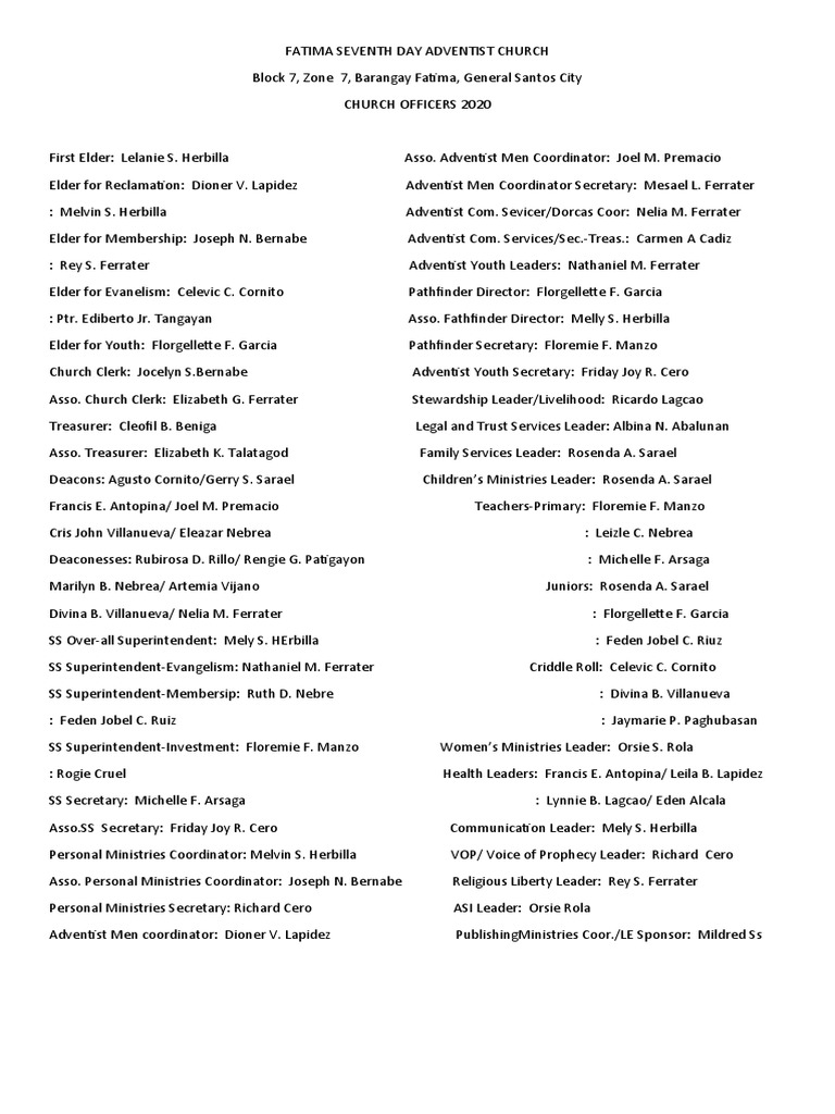 Fatima SDA Church Officers 2020 | PDF | Seventh Day Adventist Church ...