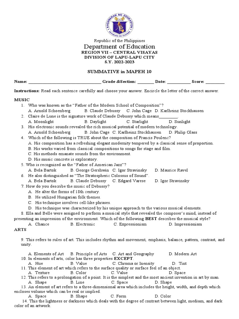 Grade 10 MAPEH - Reviewer | PDF