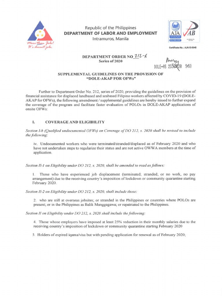 DO 212 A 20 Supplemental Guidelines On The Provision of DOLE AKAP FOR ...