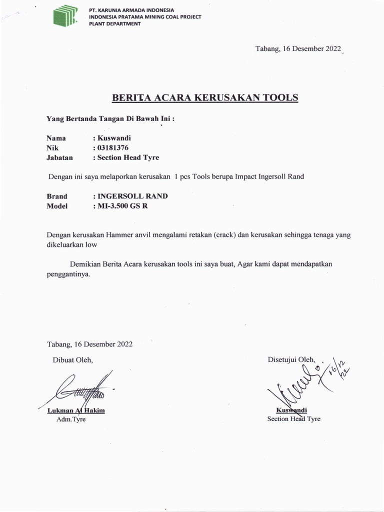 BA - Kerusakan Tool Impact MI - 3500 | PDF
