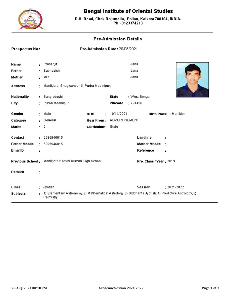 Prasenjit Jana Pre-Admission | PDF