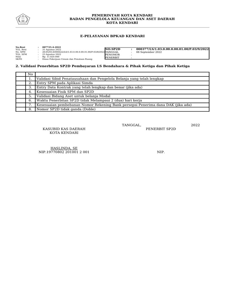 Validasi Penerbitan Front SP2D-007725-4-2022 | PDF