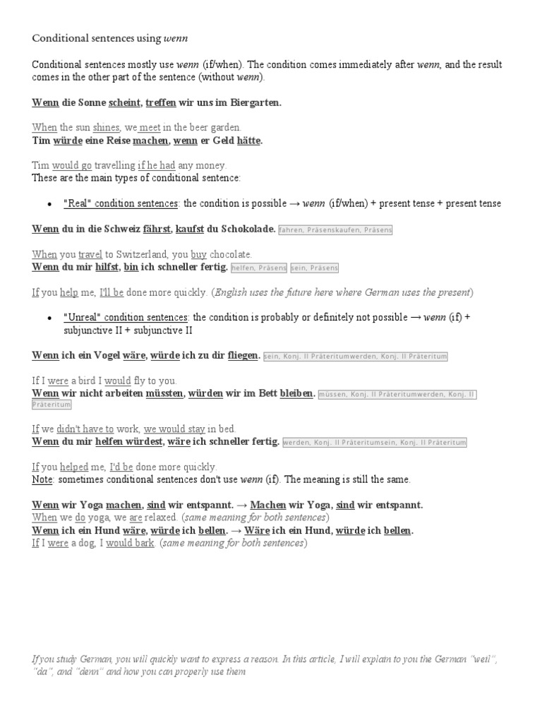 Wenn Und Weil, Da, Denn | PDF | Grammatical Tense | Sentence (Linguistics)