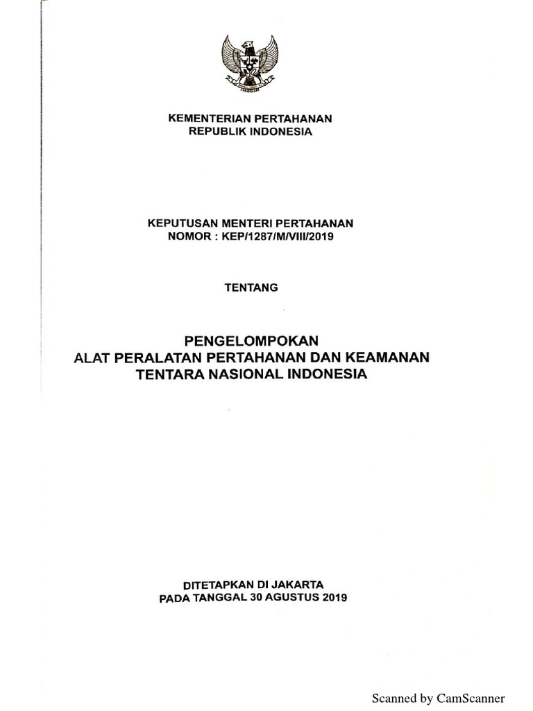 Kep Menhan No Kep 1287 TH 2019 TTG Pengelompokan Alpalhankam Tni | PDF