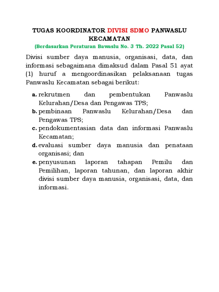 Tugas Koordinator Divisi Sdmo Panwaslu Kecamatan | PDF