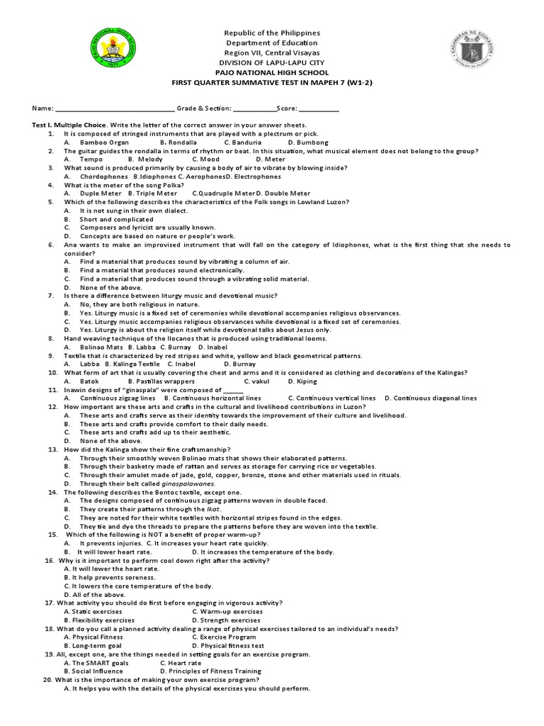 Grade 7 - Summative Test - MAPEH | PDF | Physical Fitness | Goal