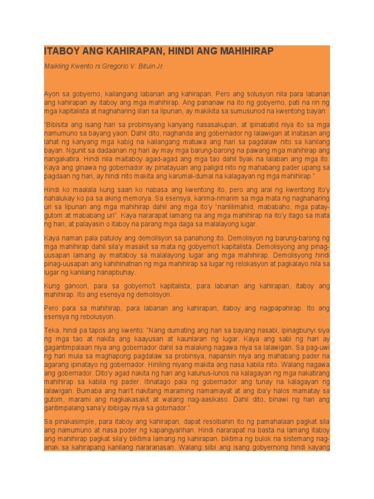 Itaboy Ang Kahirapan, Hindi Ang Mahihirap: Maikling Kwento Ni Gregorio V. Bituin JR | PDF