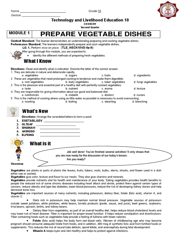 TLE10 - 2nd Quarter Module 1 | PDF | Vegetables | Vitamin