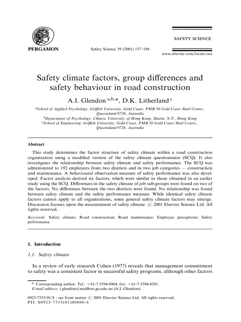 Safety Climate Factors, Group Differences and Safety Behaviour in Road Construction | PDF ...
