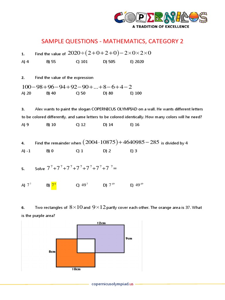 Sample Questions Mathematics Category 2 | Download Free PDF | Area ...