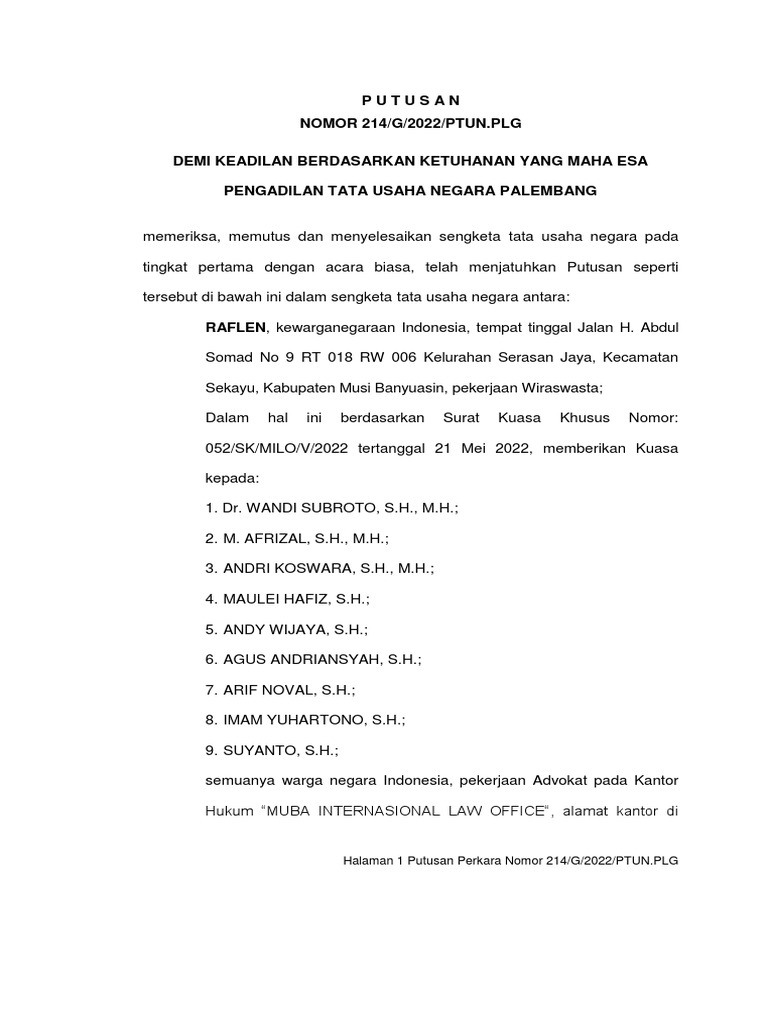 Salinan Putusan 214 G 2022 PTUN PLG | PDF