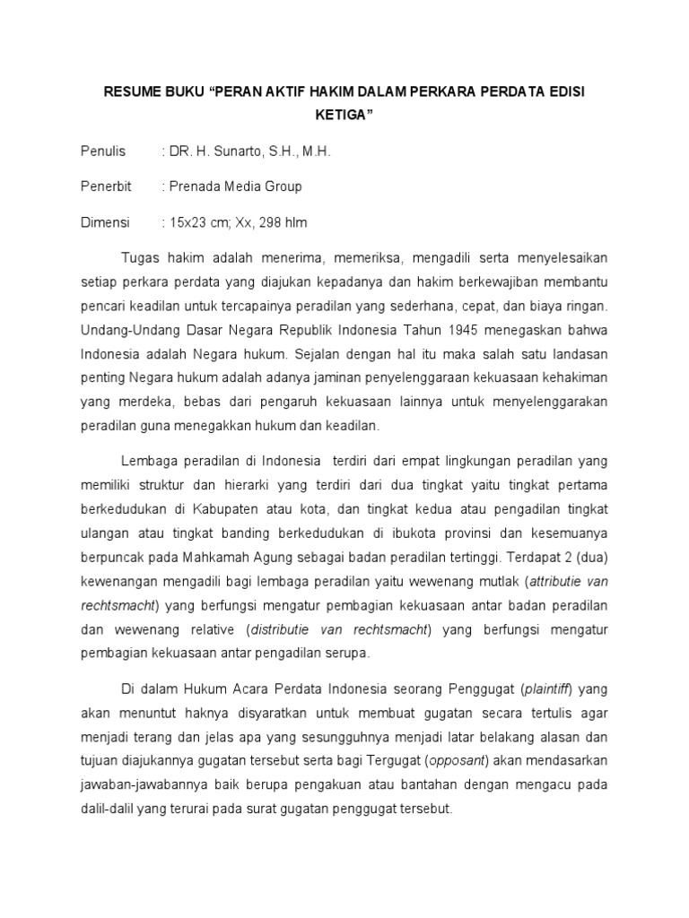 Resume Buku DR Sunarto, Peran Aktif Hakim Dalam Perkara Perdata | PDF