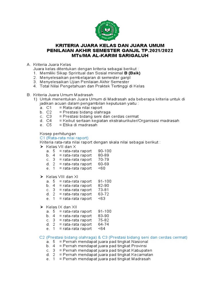 Kriteria Juara Kelas Dan Juara Umum | PDF