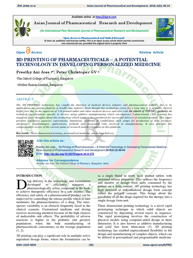 3D Printing of Pharmaceuticals - A Potential Techn | PDF | 3 D Printing | Food And Drug ...