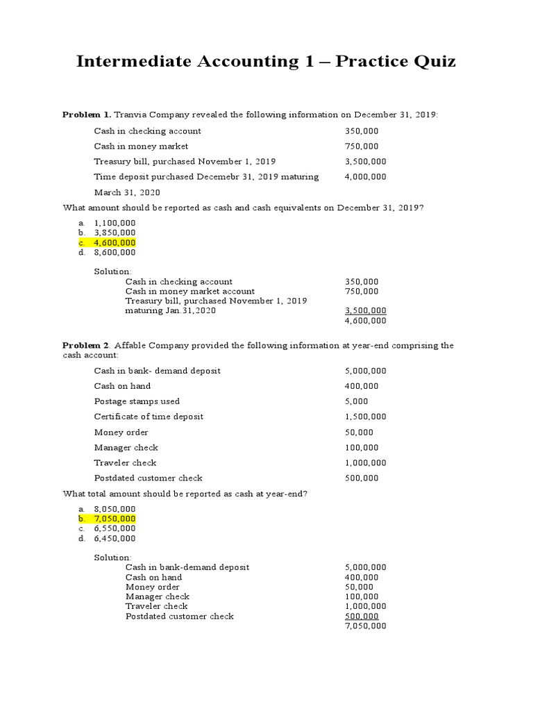 Intermediate Accounting 1 - Practice Quiz | PDF | Cheque | Banks