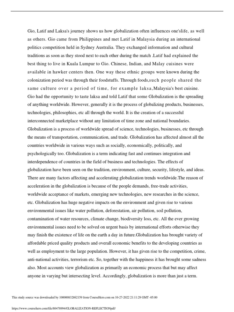 Globalization Reflection PDF | PDF | Globalization | Pollution