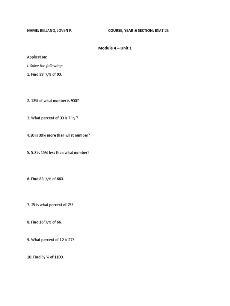 Module 4 Assignment: Solutions to Percentage Word Problems and ...