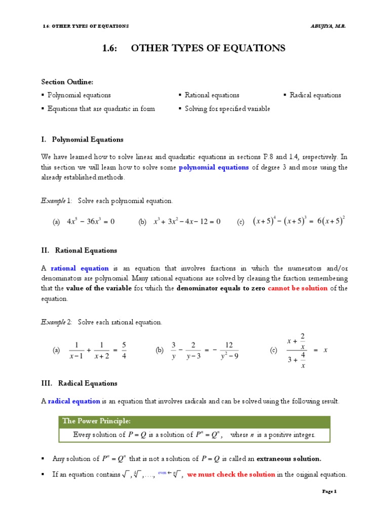 1.6: Other Types of Equations: Section Outline | PDF | Equations ...