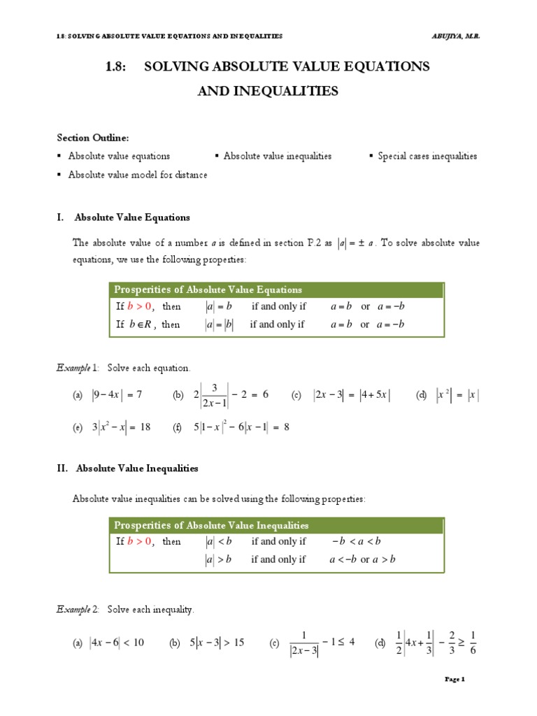 Solving Absolute Value Equations and Inequalities | PDF | Equations | Elementary Mathematics