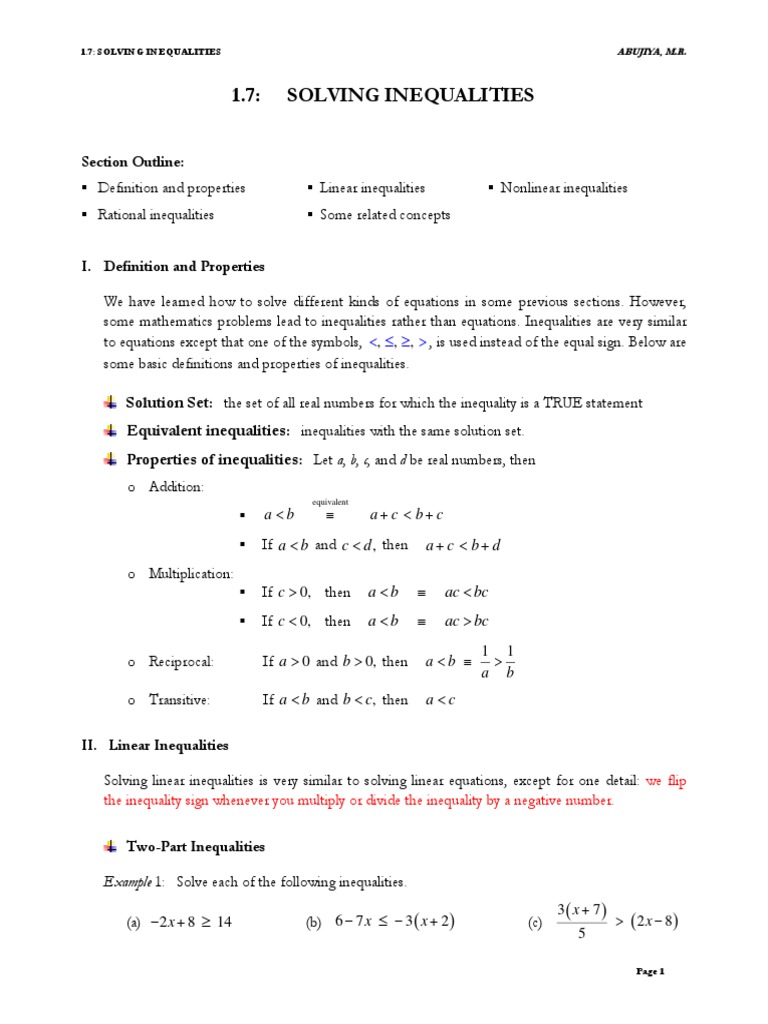1.7: Solving Inequalities: Solution Set Equivalent Inequalities Properties of Inequalities | PDF ...