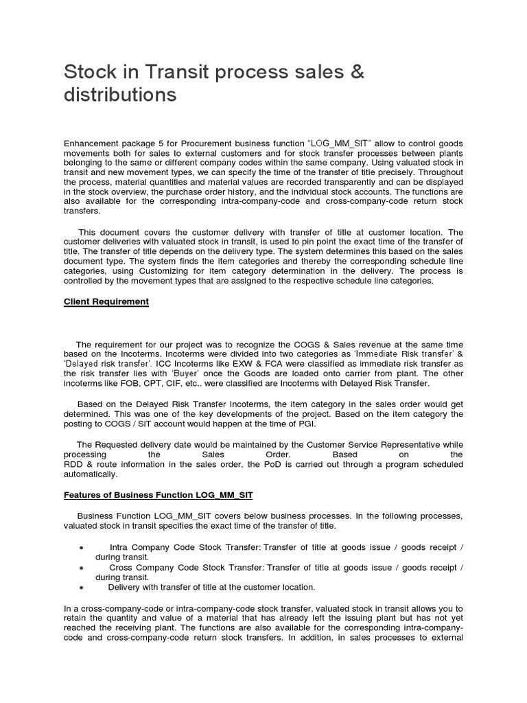 Stock in Transit Process Sales & Distributions: Client Requirement ...