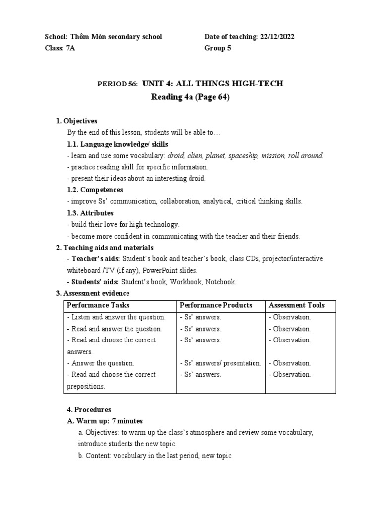 56 - Reading 4a | PDF | Teachers | Vocabulary