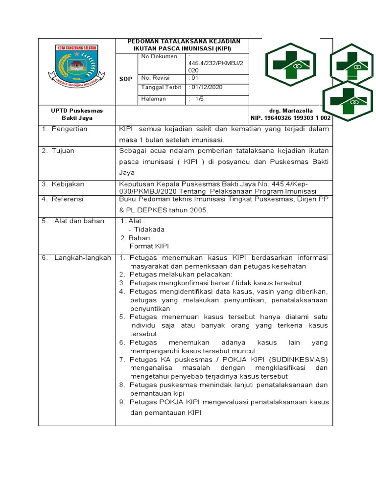 Sop Pedoman Tatalaksana Kejadian Ikutan Pasca Imunisasi (Kipi) | PDF