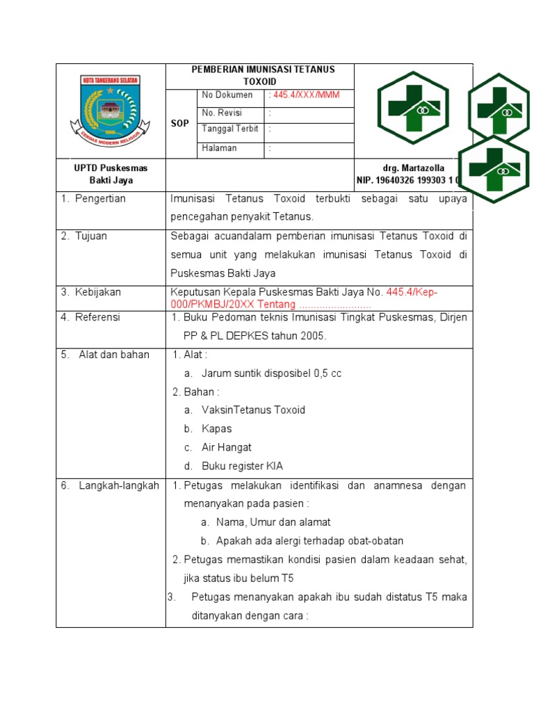 Sop Pemberian Imunisasi Tetanus Toxoid | PDF