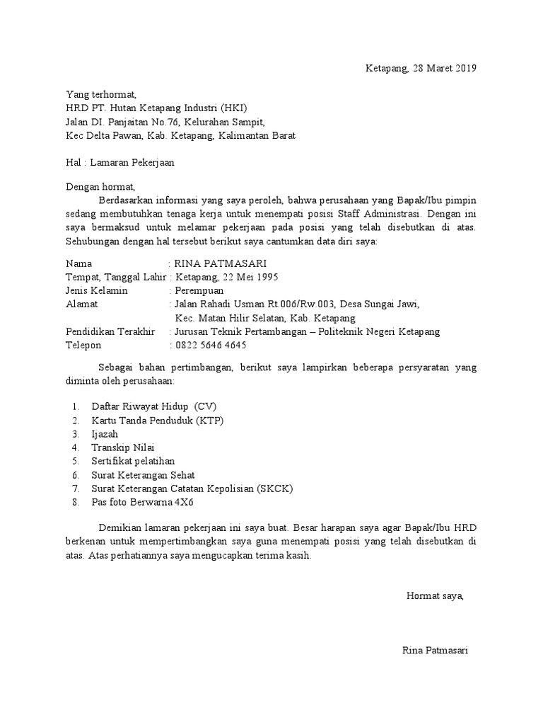 Lamaran Kerja RINA | PDF | Bisnis