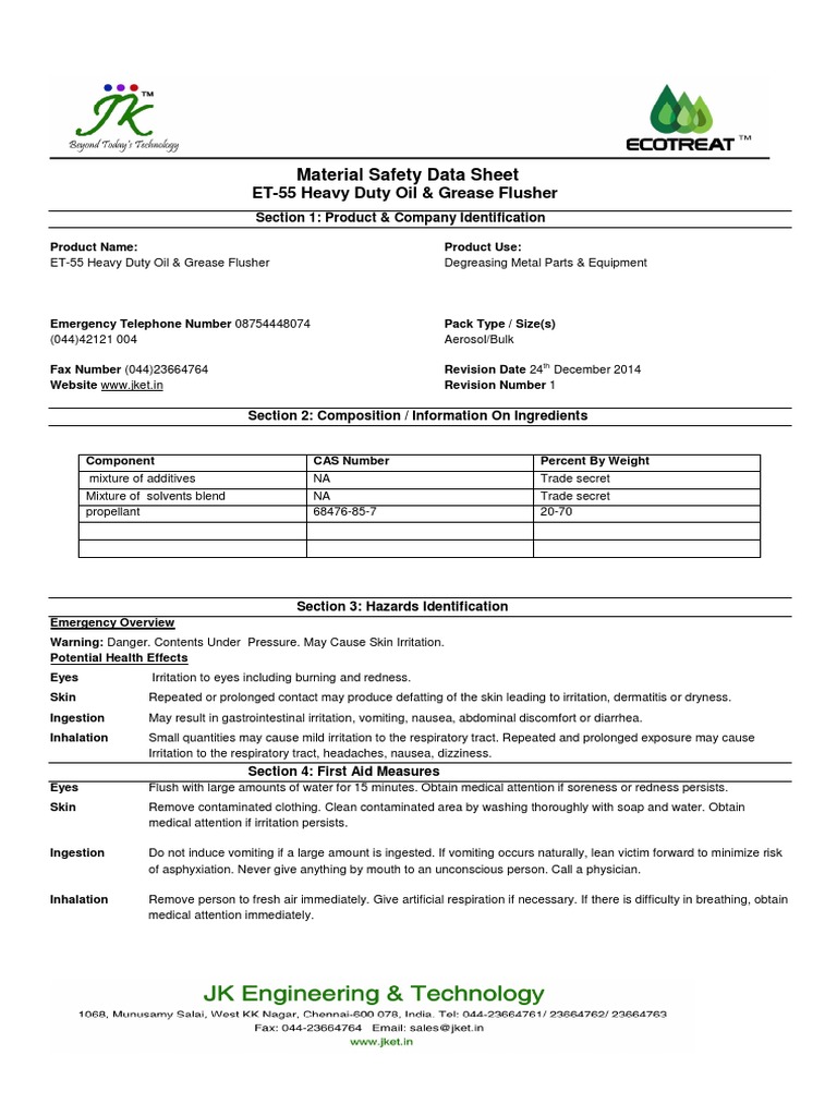 ET-55 MSDS - Heavy Duty Oil & Grease Flusher | PDF | Firefighting | Water