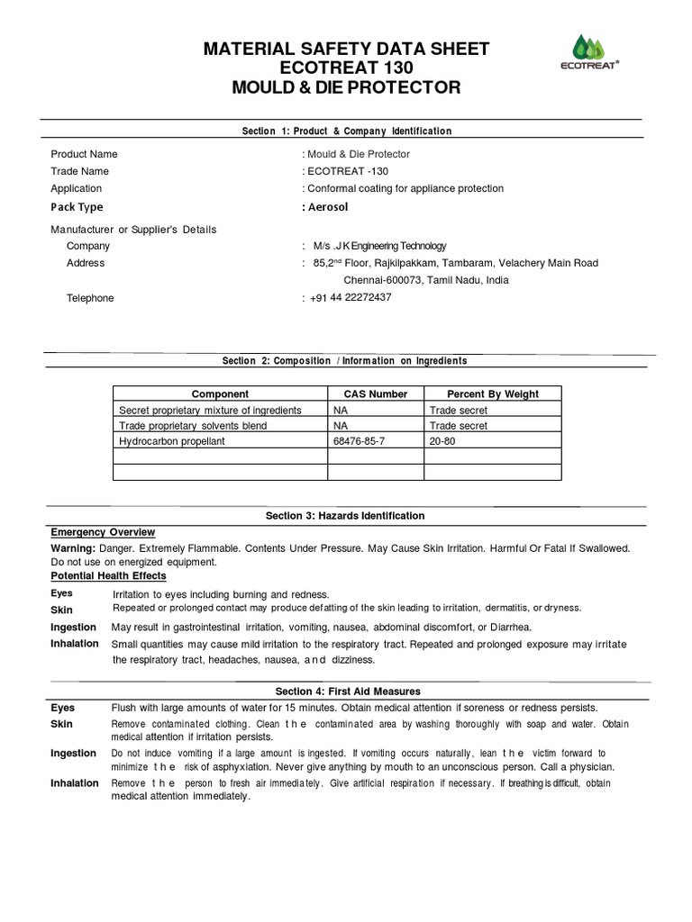 ECOTREAT 130 MSDS - Mould & Die Protector | PDF | Waste Management | Vomiting