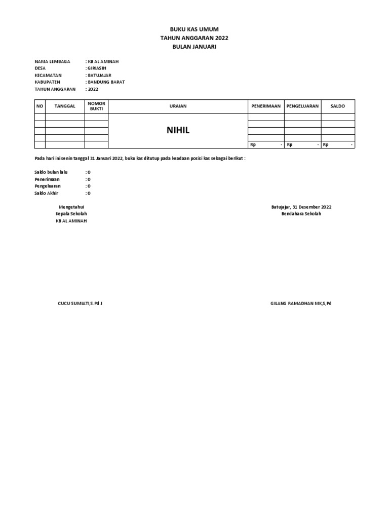Contoh BKU, Buku Bank, Buku Pajak, Buku Kas Tunai | PDF