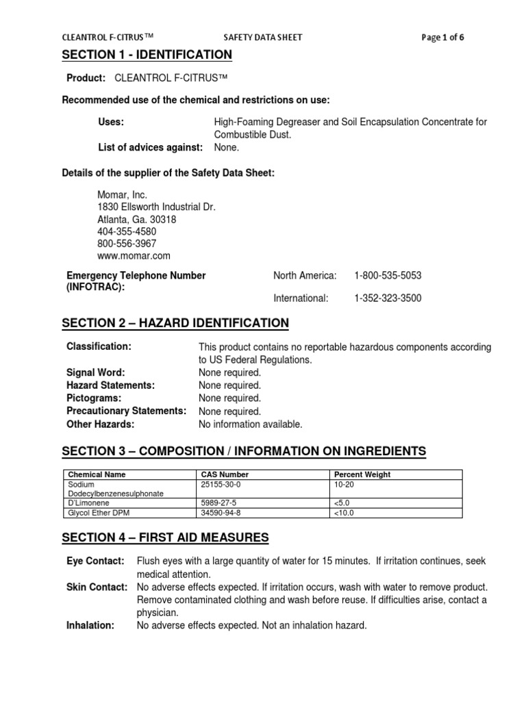 Cleantrol F Citrus MSDS | PDF | Toxicity | Personal Protective Equipment