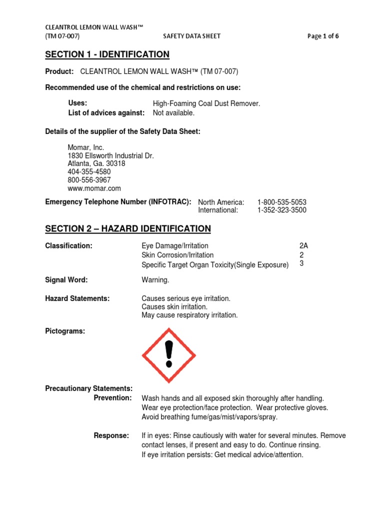 Cleantrol Lemon Wall Wash - Msds | PDF | Toxicity | Personal Protective Equipment