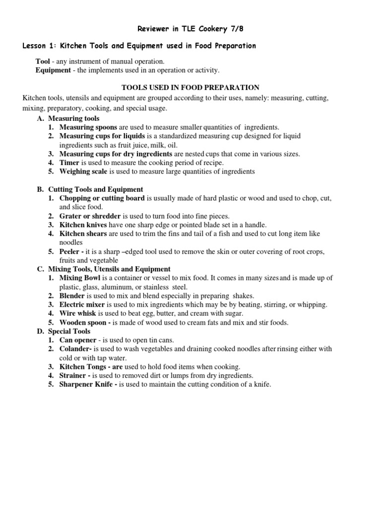 Reviewer in TLE Cookery 7 8 | PDF | Kitchen Utensil | Home