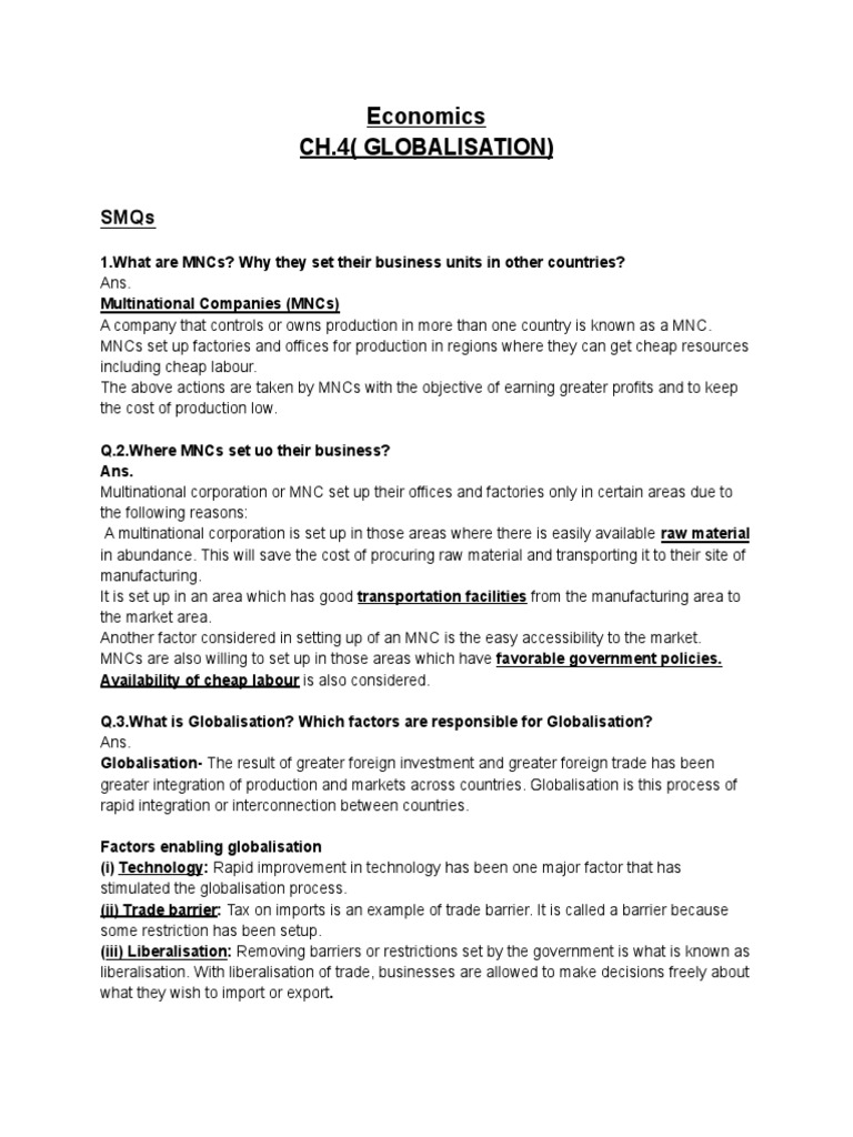 CH.4 (GLOBALISATION) SMQs | PDF | Multinational Corporation | Globalization