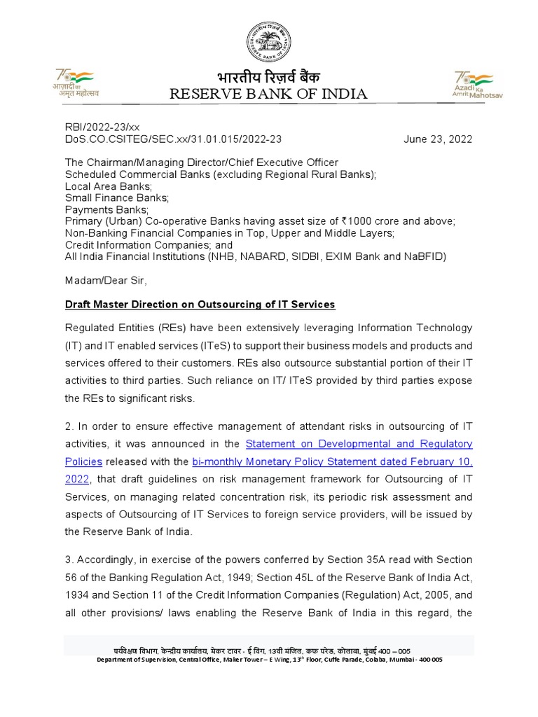 RBI Master Direction on IT Outsourcing 2023 | PDF | Cloud Computing ...