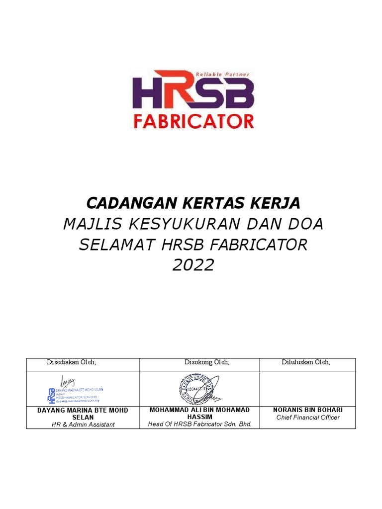 Kertas Kerja Majlis Kesyukuran Dan Majlis Doa Selamat HRSB Fabricator ...